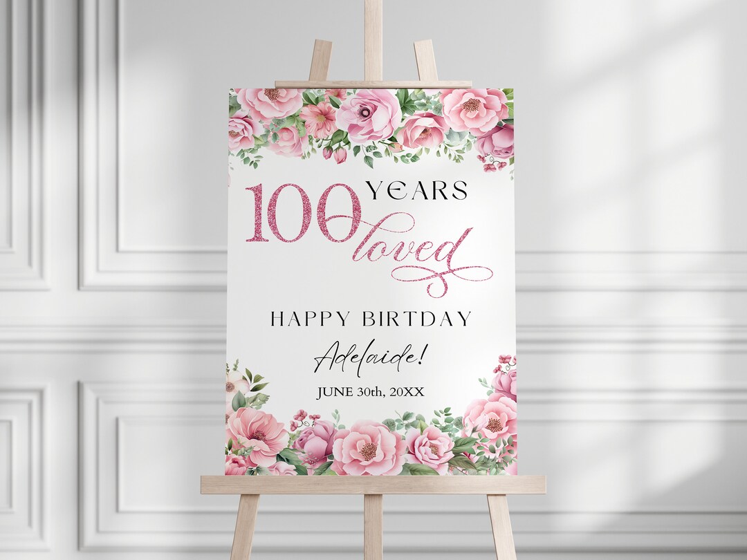 100th Birthday Welcome Sign Template for Mother Grandma Woman, Pink ...