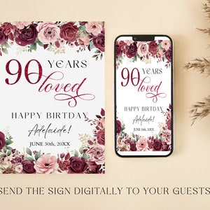 90th Birthday Welcome Sign Template for Mother Grandma, Pink Burgundy ...