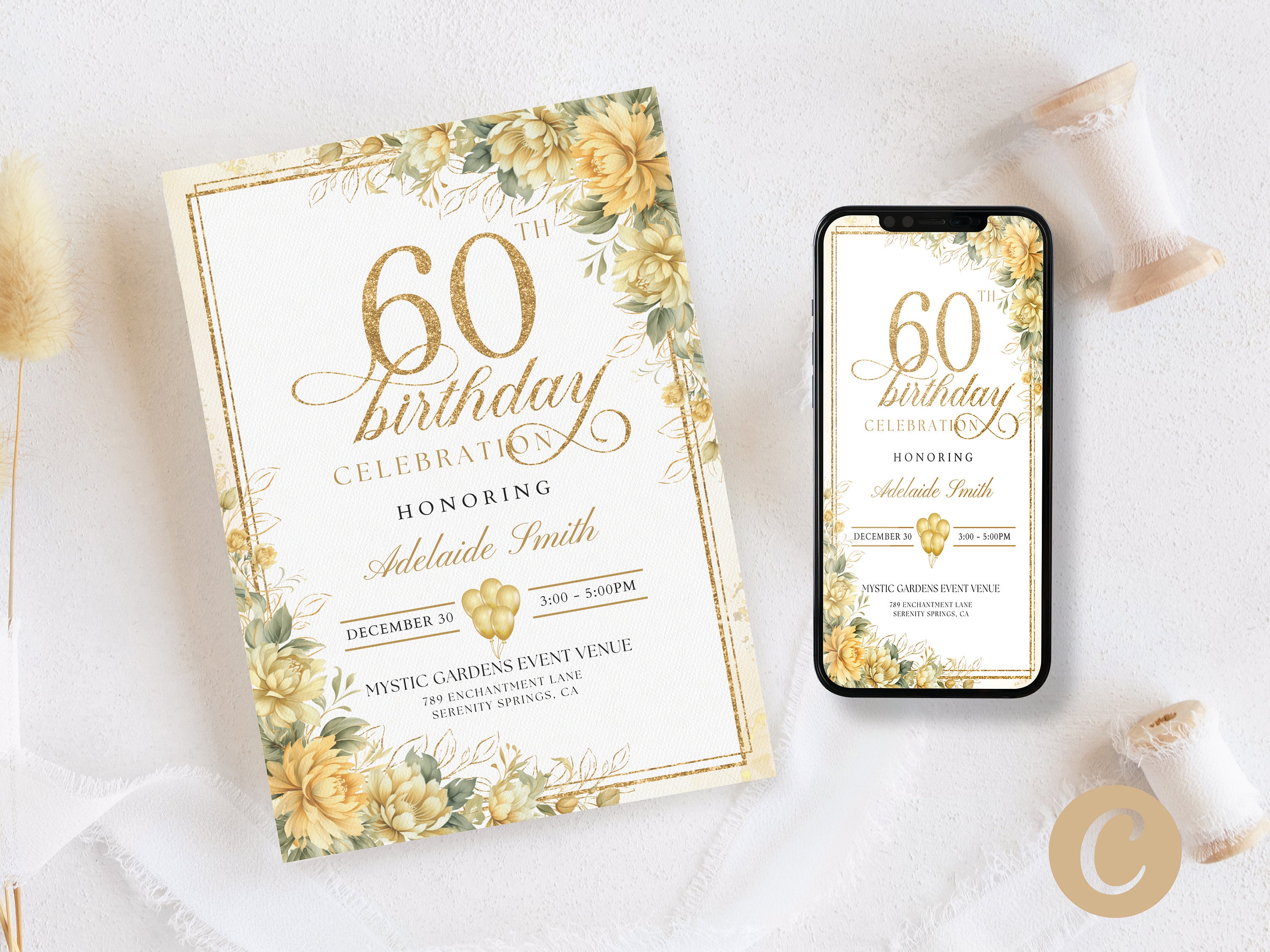 60th Birthday Party Invitation Canva Template for Mother Grandma, Gold ...