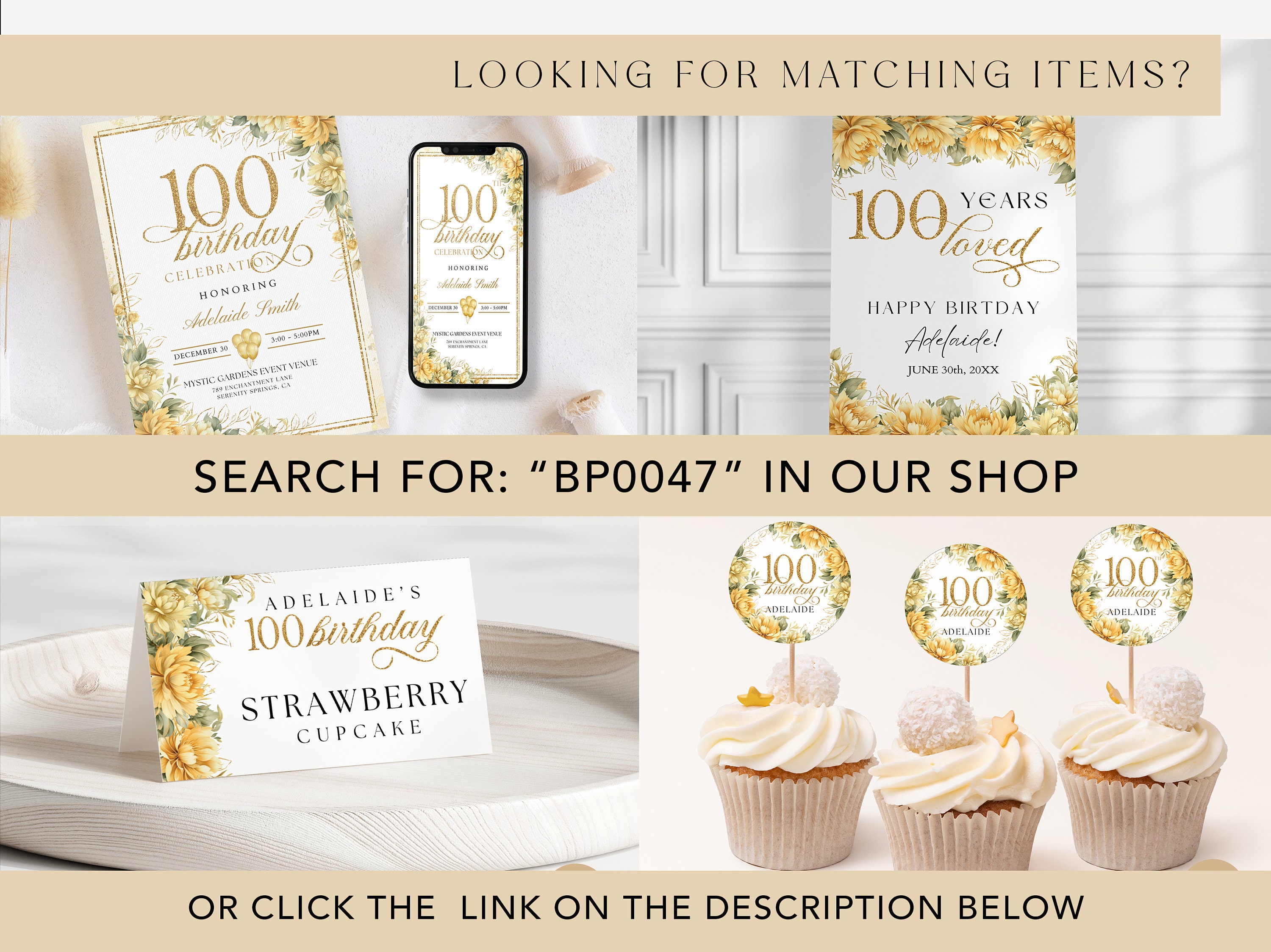 100th Birthday Welcome Sign Template for Mother Grandma Woman, Gold ...