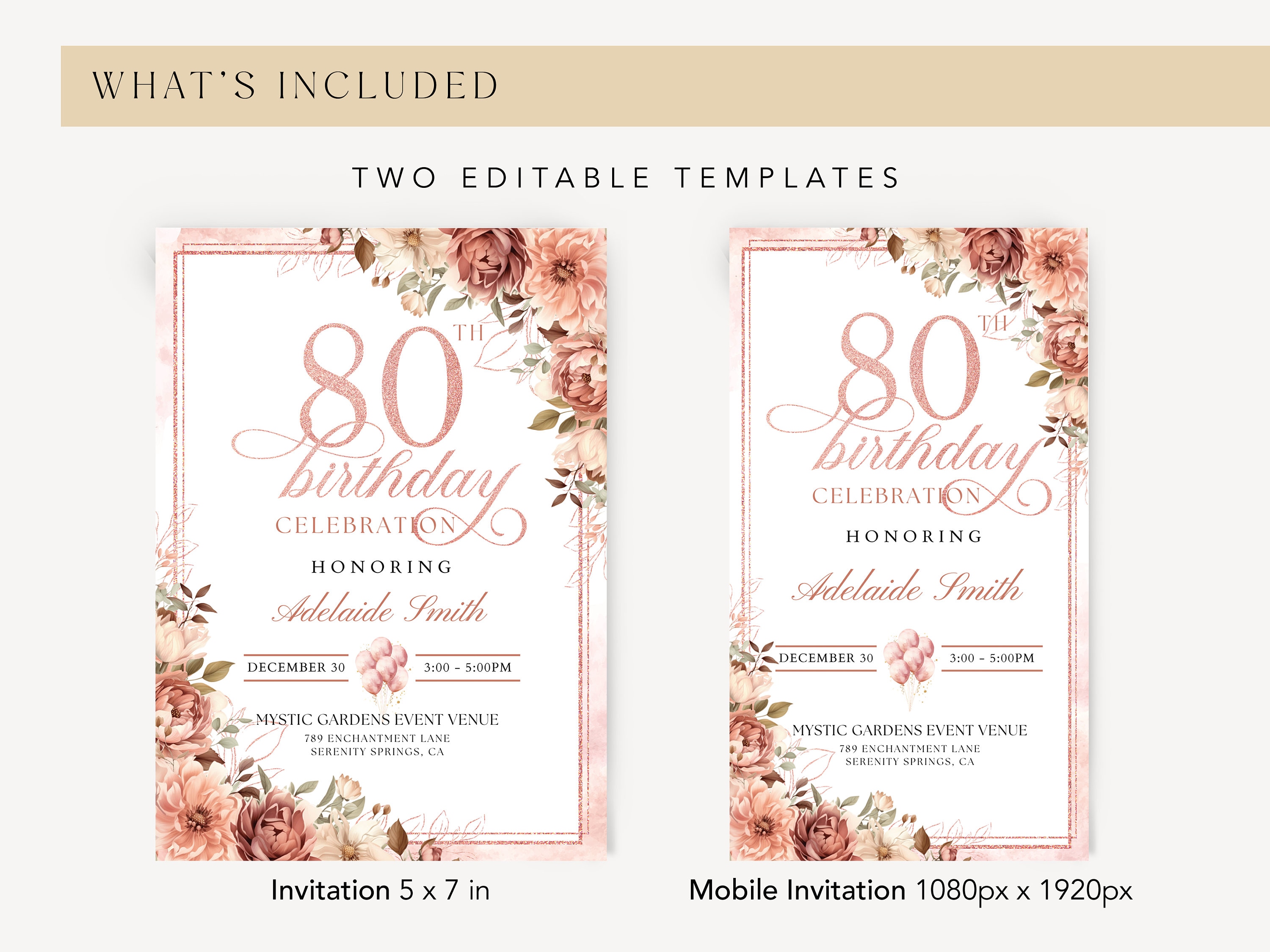 80th Rose Gold Floral Birthday Party Invitation Canva Template for ...