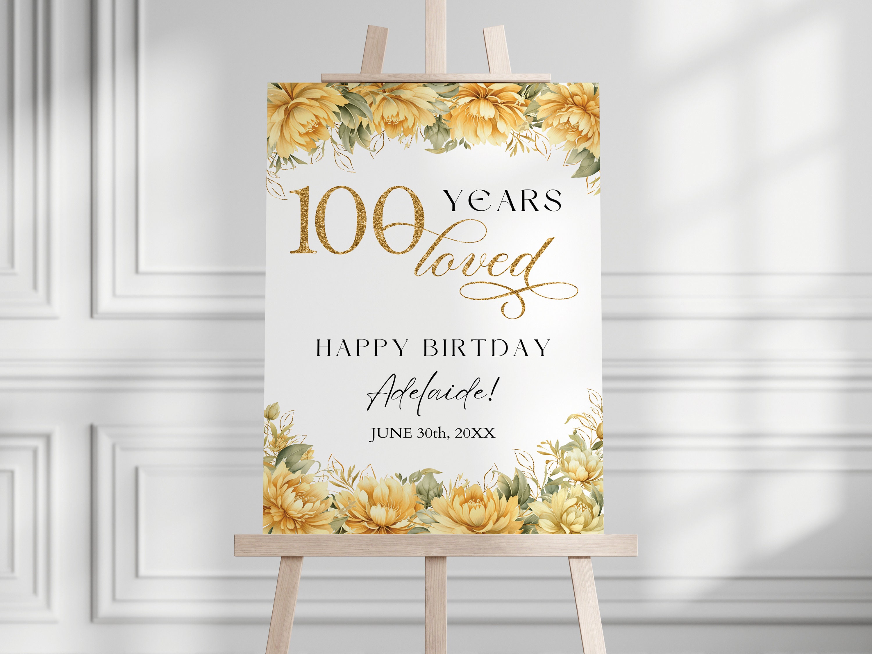 100th Birthday Welcome Sign Template for Mother Grandma Woman, Gold ...