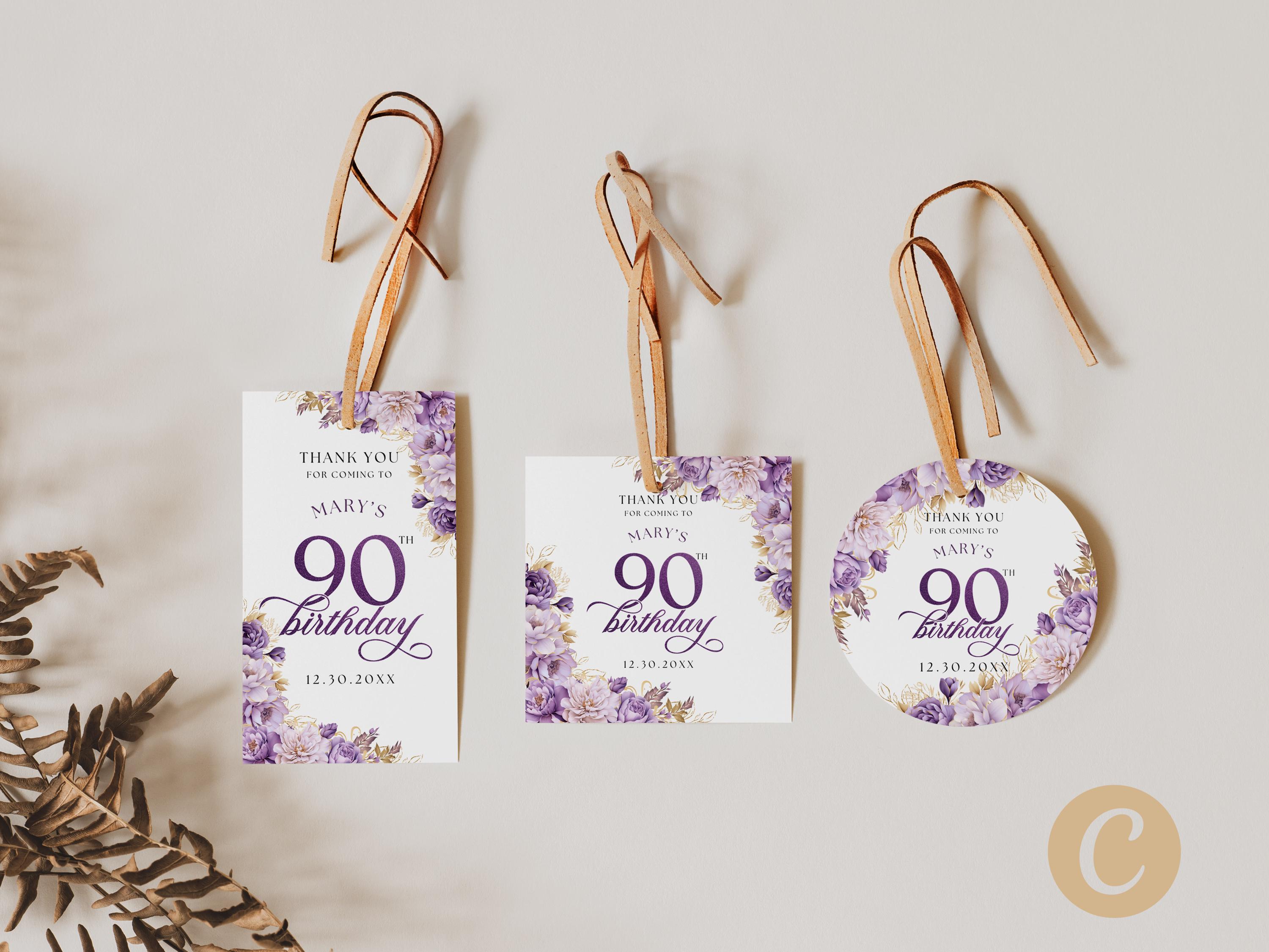 90th Birthday Thank You for Coming Tag Template Mother Grandma, Lilac ...