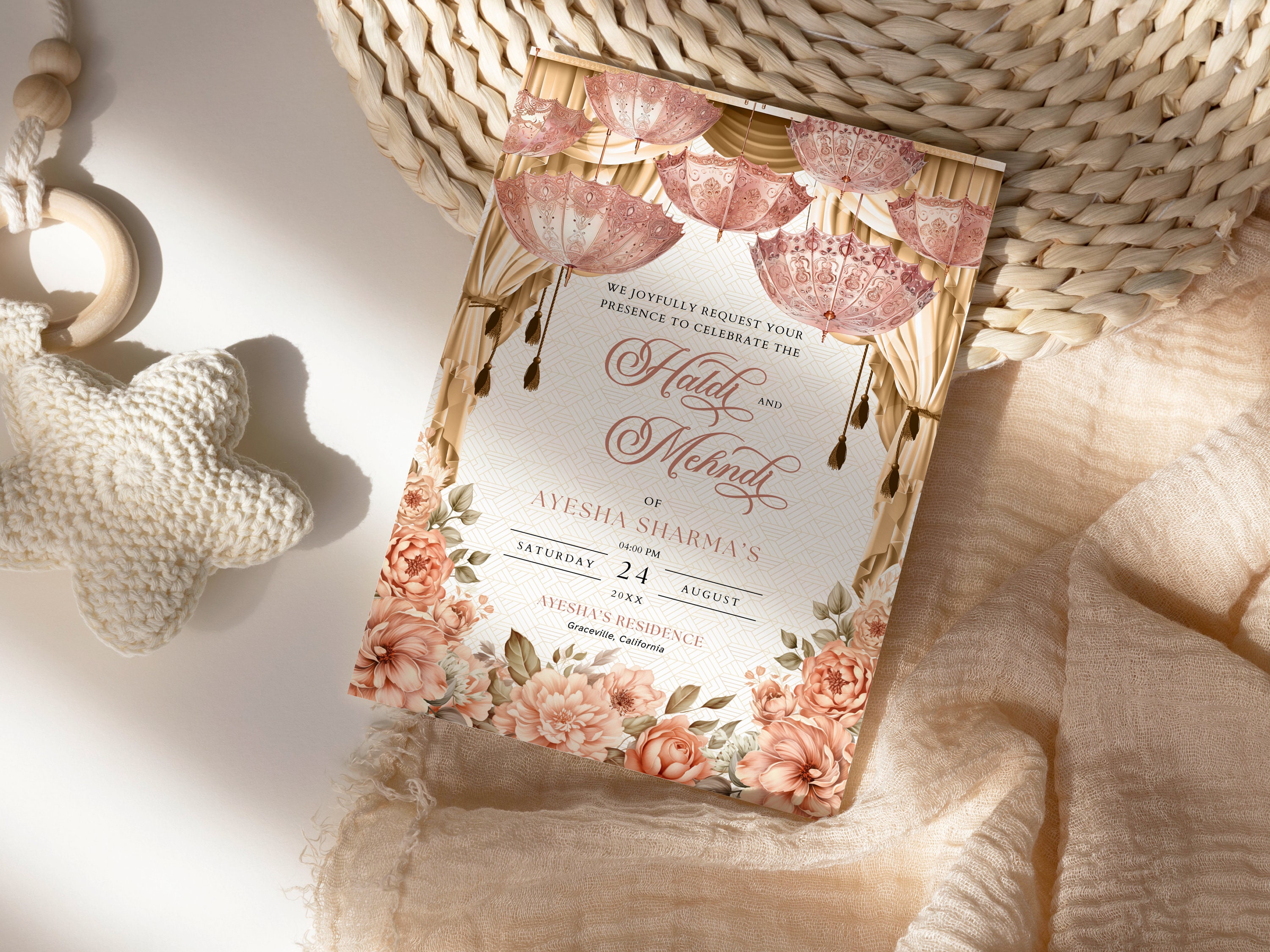 Mehndi Invitation Rose Gold Floral Editable Canva Template for Indian ...