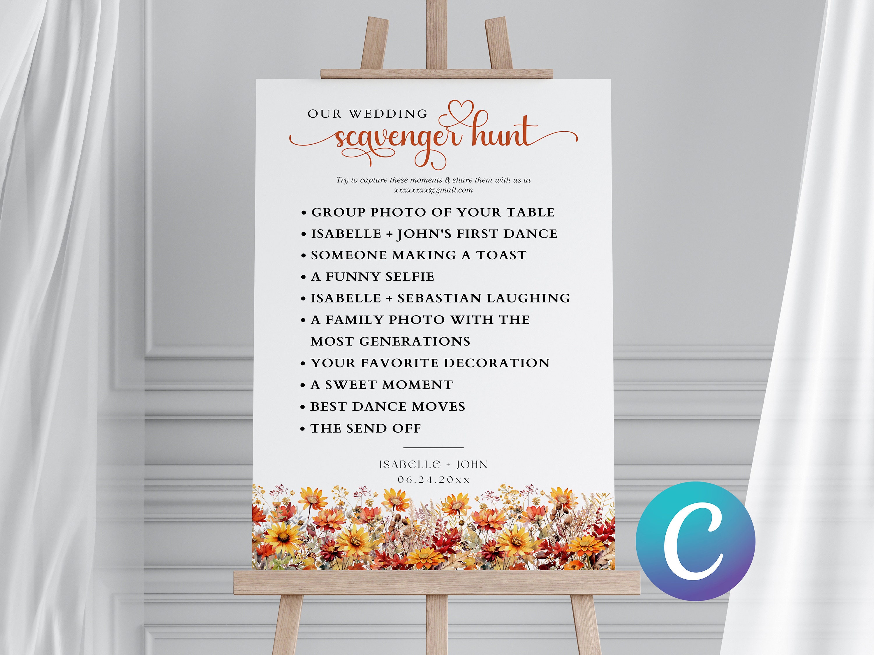 Editable Rustic Meadow Wildflower Watercolor Wedding Photo Scavenger ...