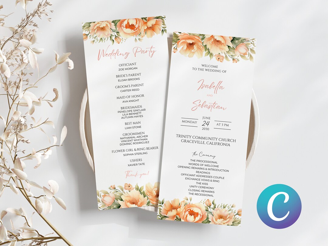 Peach Fuzz Wedding Program Template for Canva, Digital Wedding Program, Elegant Wedding Program ...