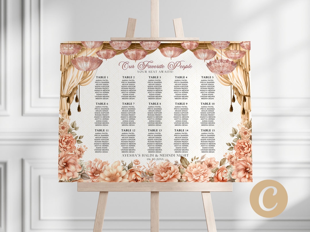 Mehndi Rose Gold Editable Large Seating Chart Canva Template, Elegant ...