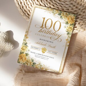 100th Birthday Party Invitation Canva Template for Mother Grandma, Gold ...