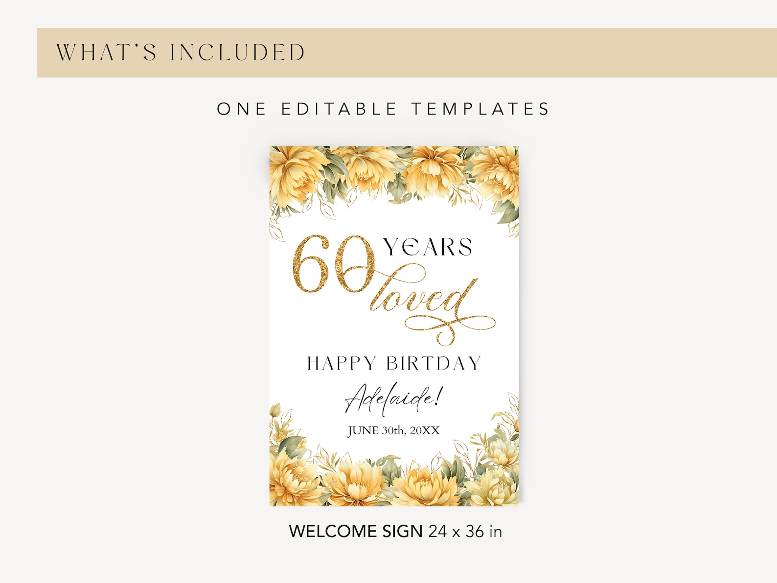 60th Birthday Welcome Sign Template for Mother Grandma Woman, Gold ...