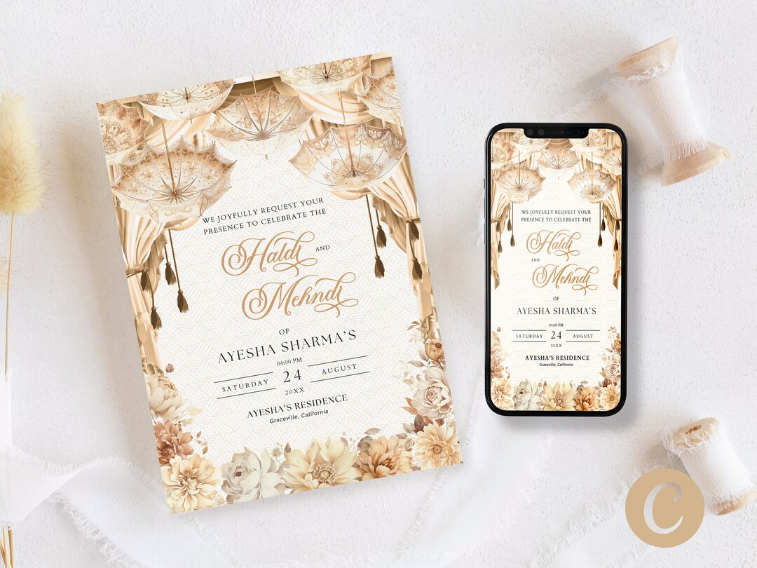 Mehndi Invitation Beige Gold Floral Editable Canva Template for Indian ...