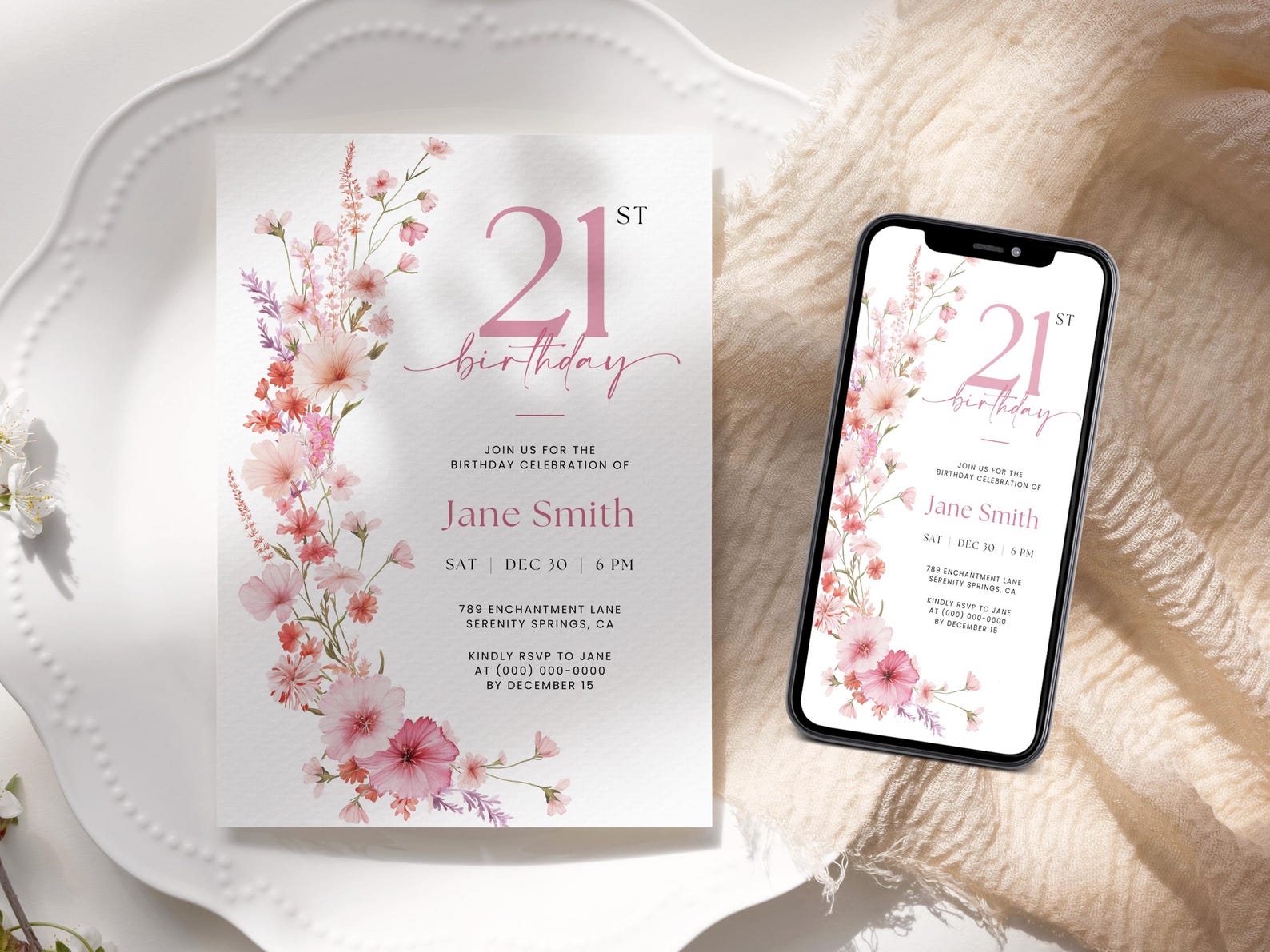 Blush Pink 21st Birthday Invitation for Girls, Wildflower 21 Year Old ...