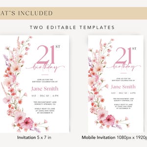 Blush Pink 21st Birthday Invitation for Girls, Wildflower 21 Year Old ...