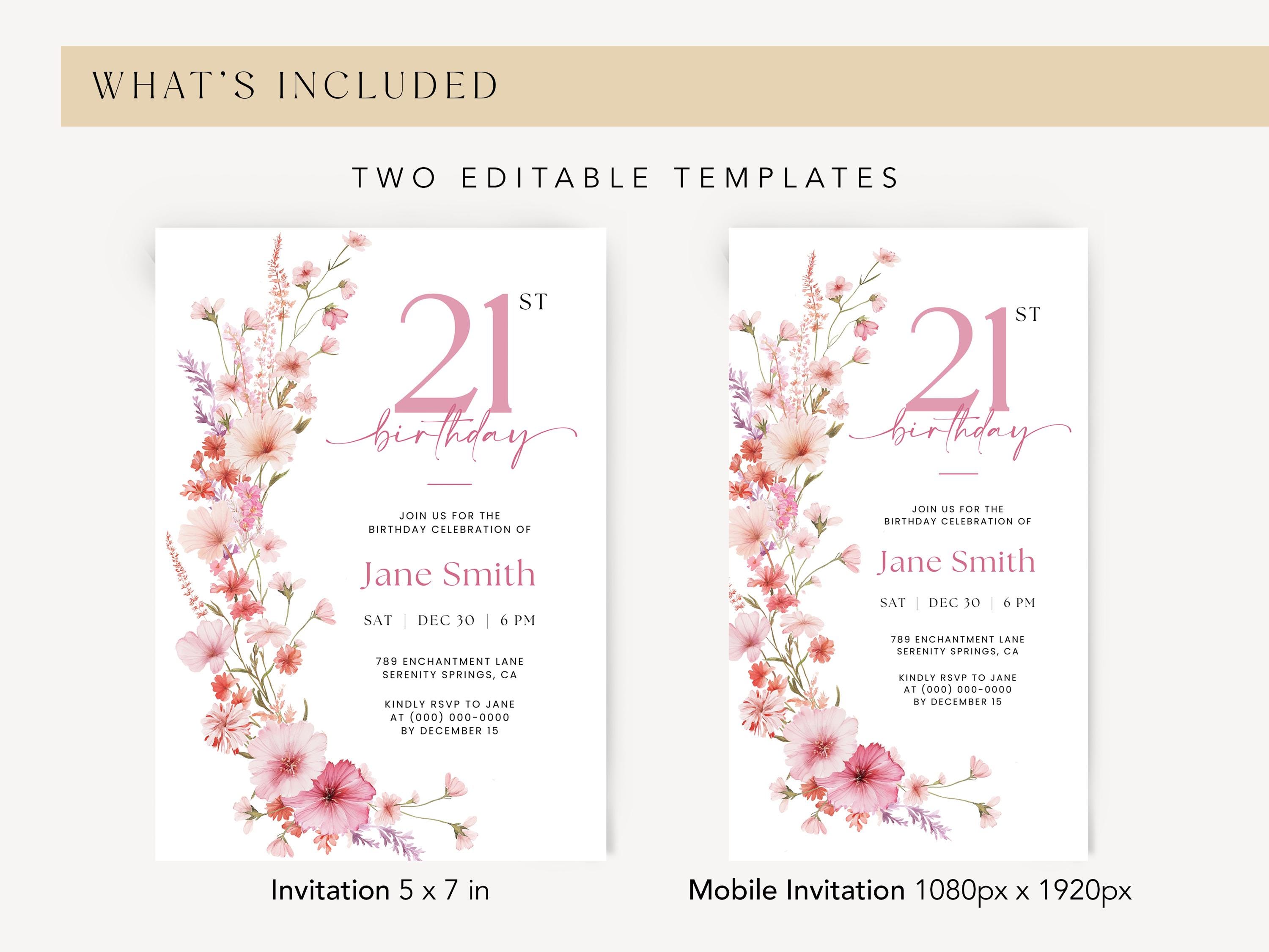 Blush Pink 21st Birthday Invitation for Girls, Wildflower 21 Year Old ...