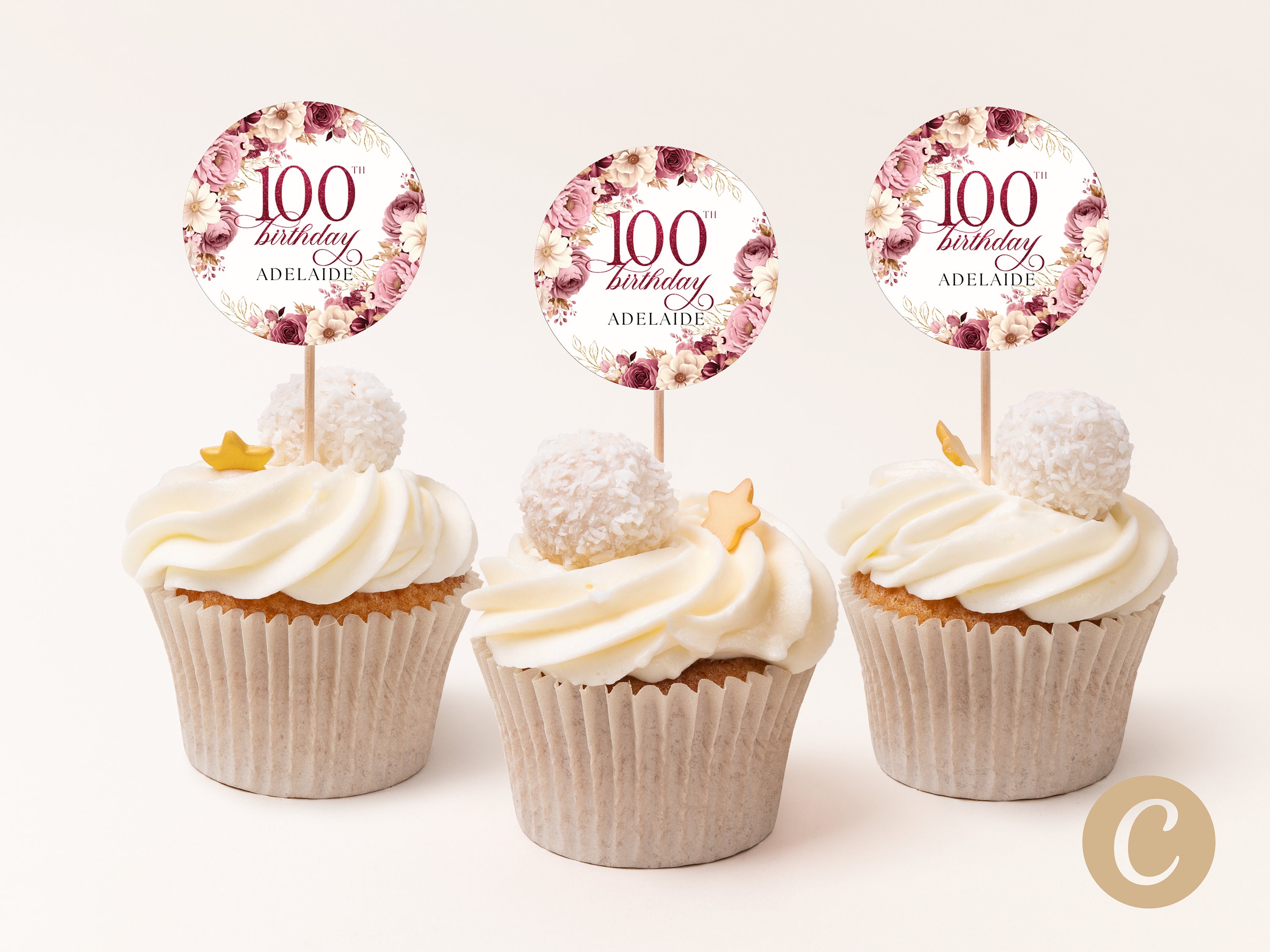100th Birthday Cupcake Cake Topper Canva Template for Mother Grandma ...