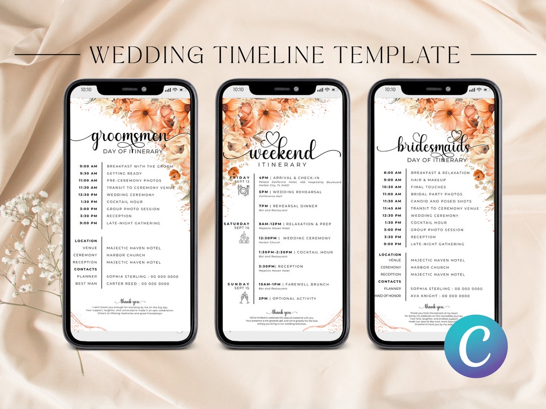 Editable Peach Fuzz Floral Watercolor Wedding Day Timeline Canva ...