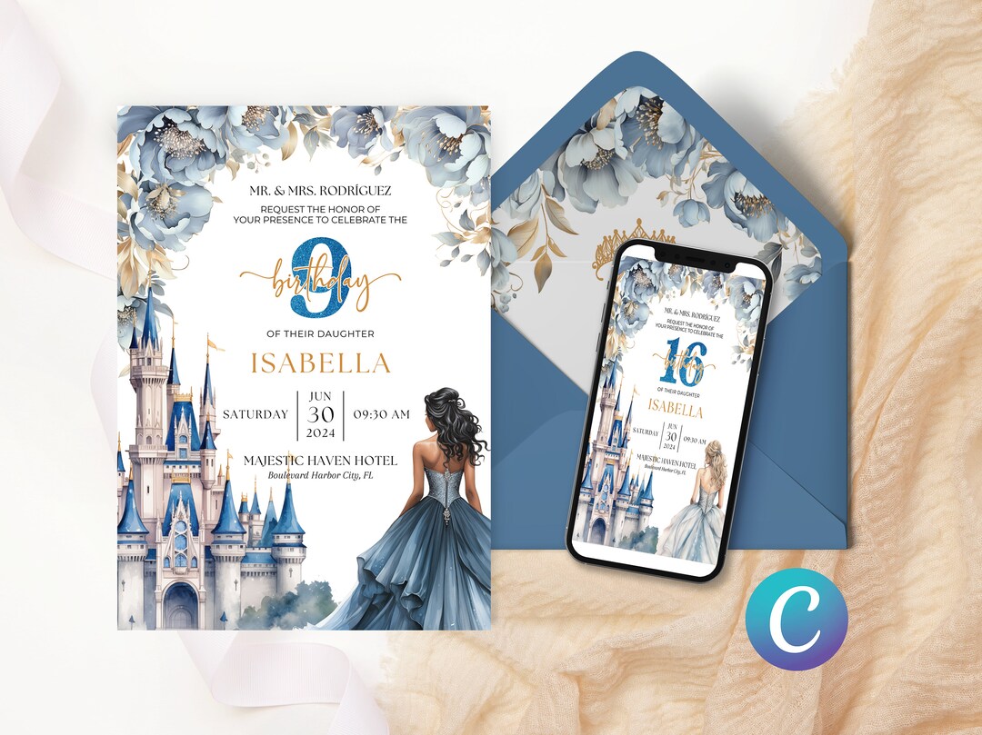 EDITABLE Fairytale Elegant Blue Castle Princess Birthday Invitation ...