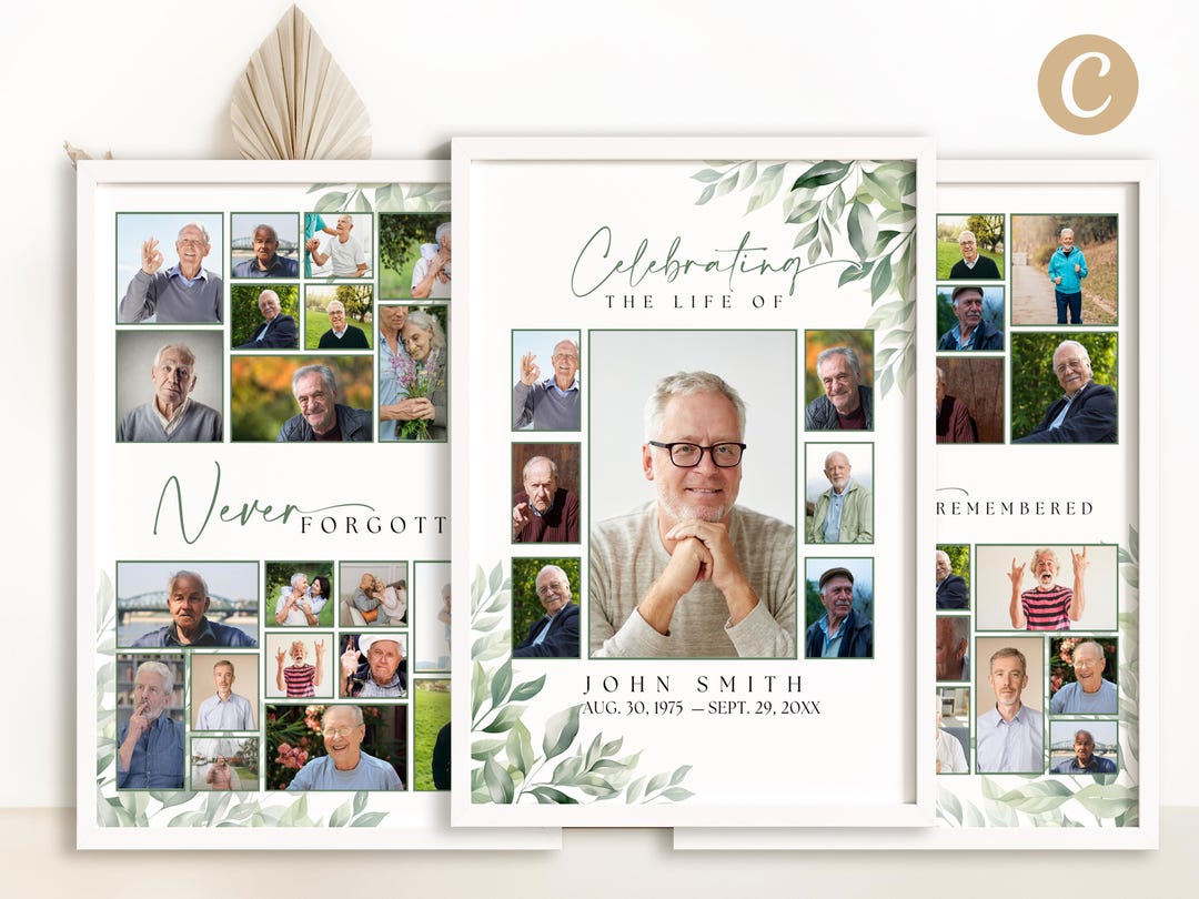 Editable Greenery Funeral Welcome Sign Photo Board for Man Dad Template ...