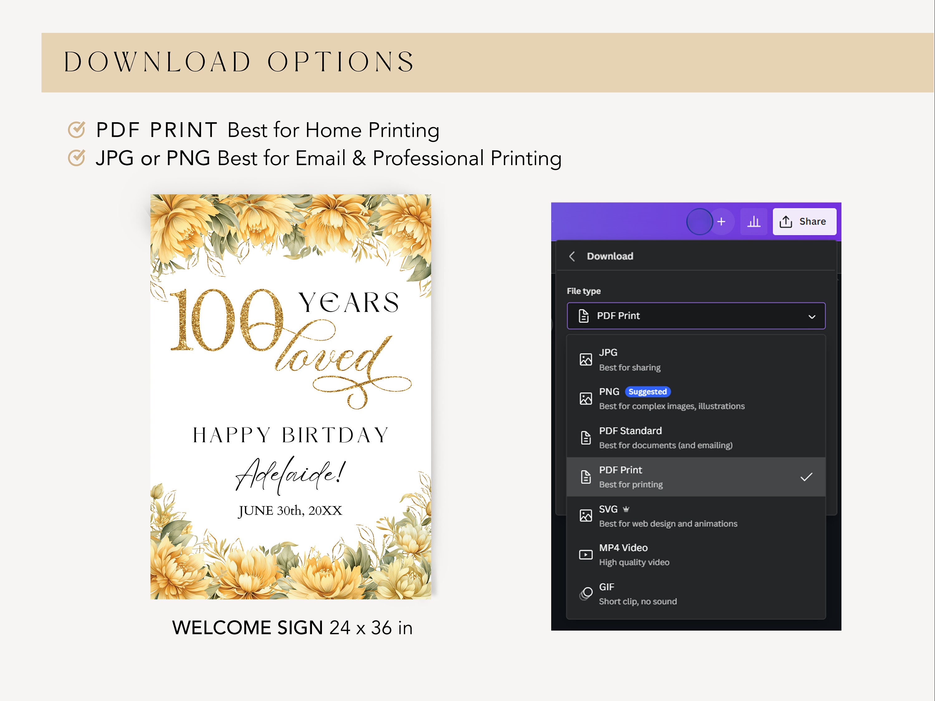 100th Birthday Welcome Sign Template for Mother Grandma Woman, Gold ...