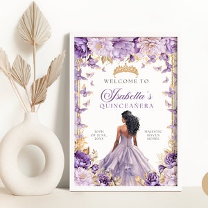 Editable Lilac Purple Gold Floral Butterfly Princess Quinceanera ...