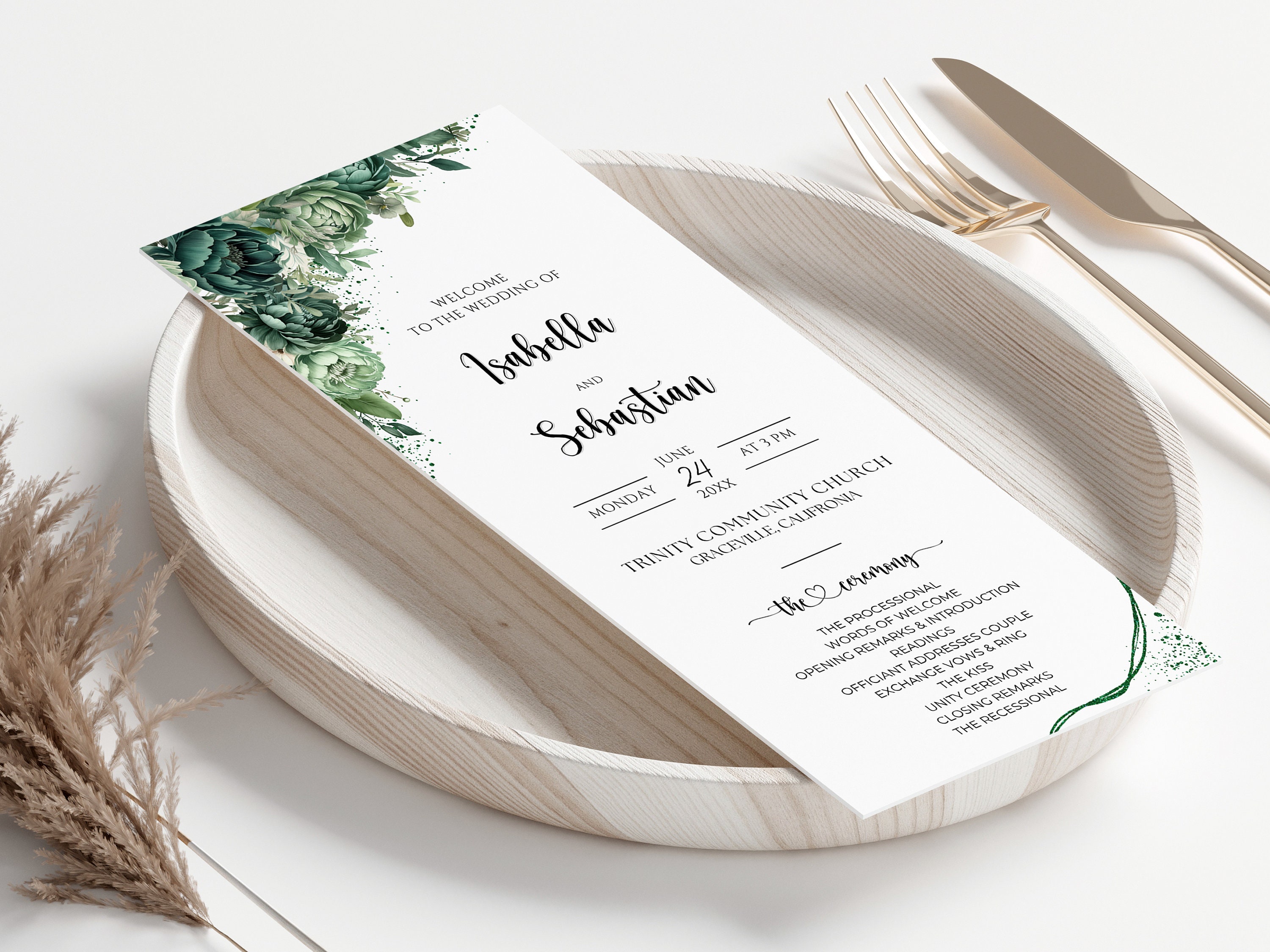 Editable Emerald Green Moss Green Wedding Program Canva Template ...