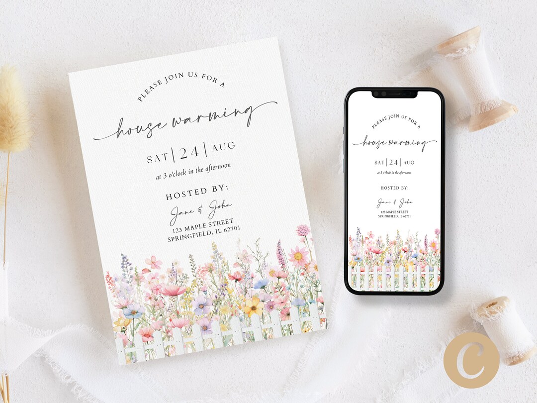 Editable Wildflower Housewarming Invitation Canva Template, Minimalist ...