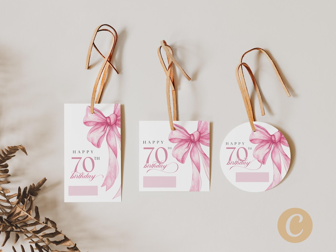 70th Birthday Pink Bow Gift Tag Template for Mother Grandma, Croquette ...