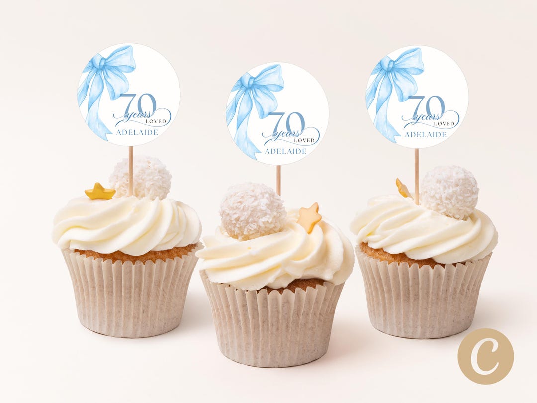 Blue Bow 70th Birthday Cupcake Cake Topper Template for Mother Grandma ...
