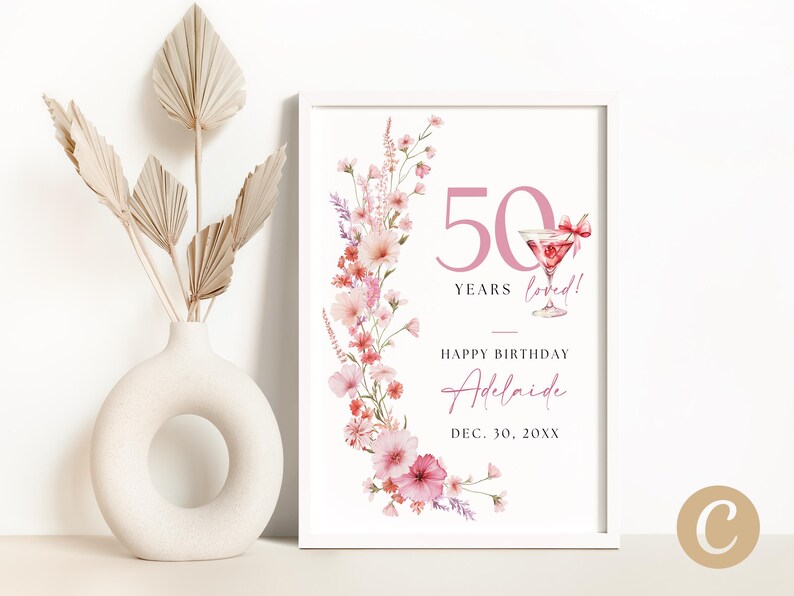Soft Pink 50 Years Loved Birthday Welcome Sign for Girls, Floral 50th ...