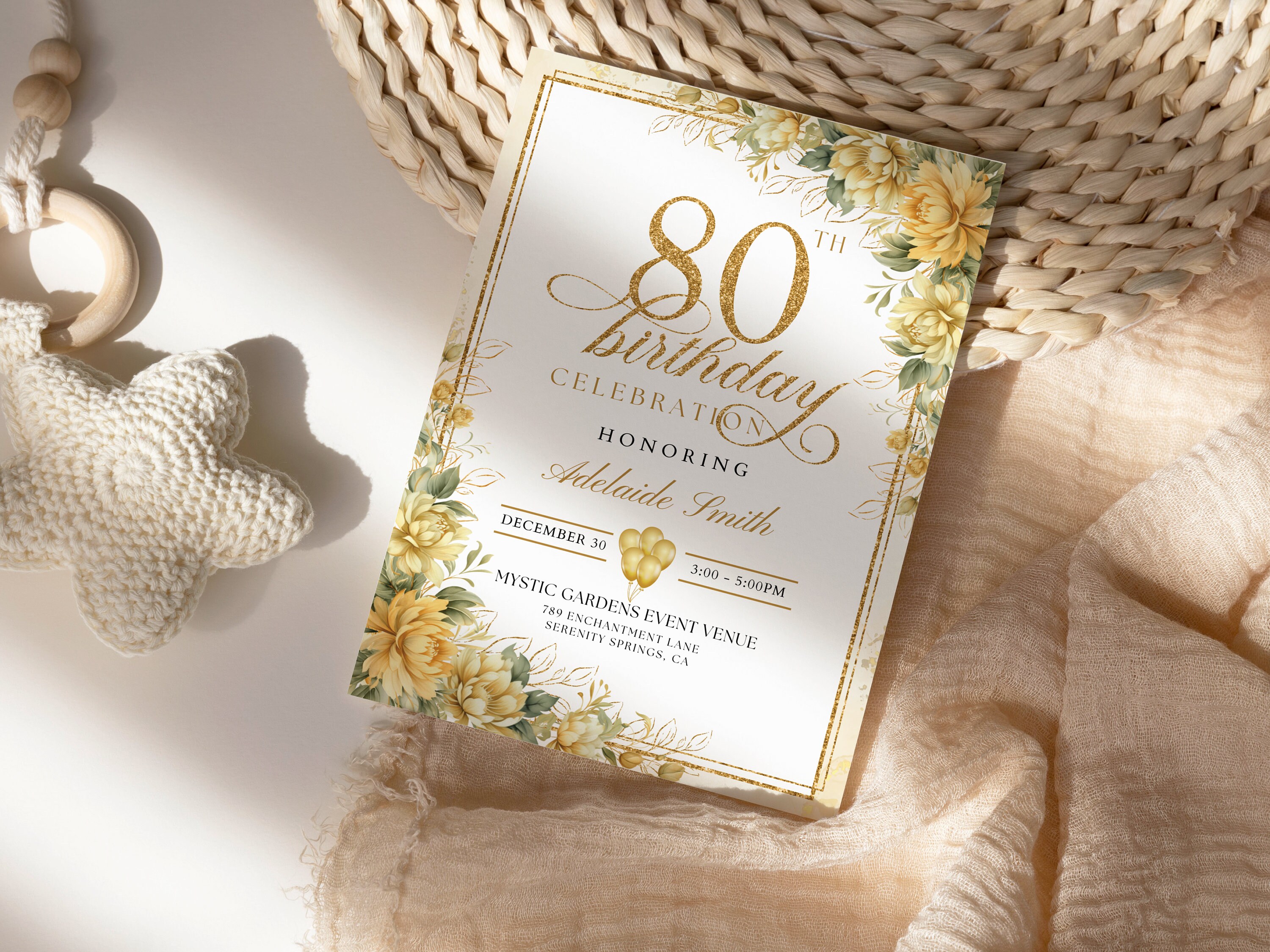 80th Birthday Party Invitation Canva Template for Mother Grandma, Gold ...