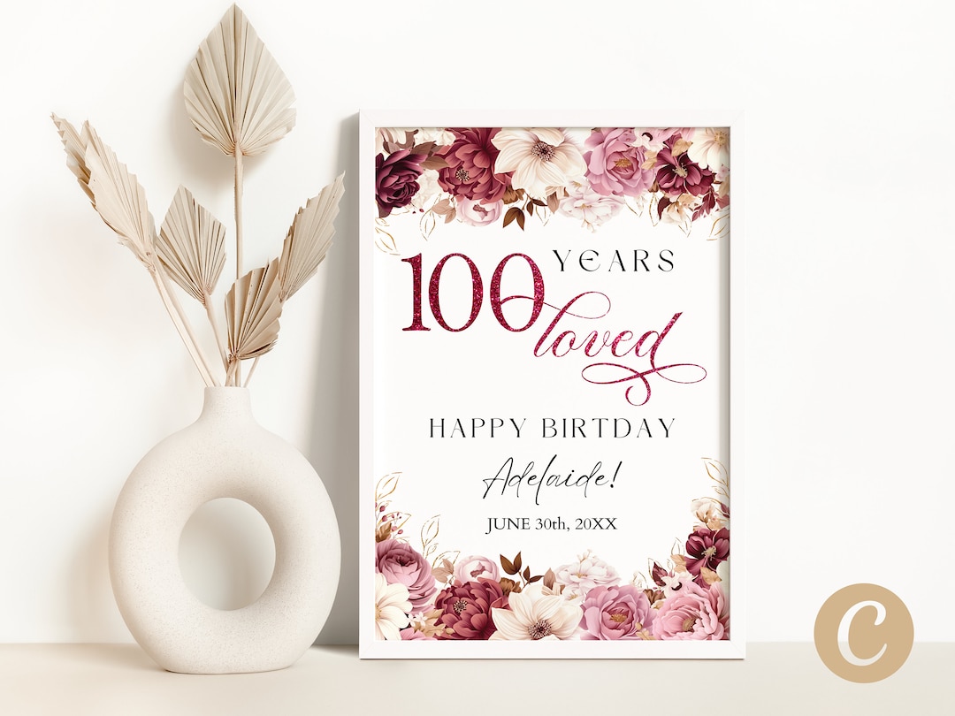 100th Birthday Welcome Sign Template for Mother Grandma, Pink Burgundy ...