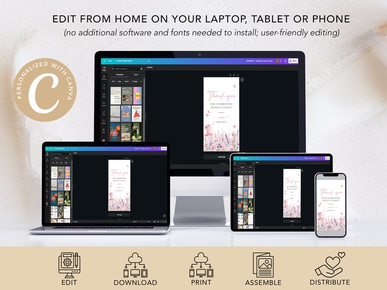 Editable Blush Pink Fairy First Birthday Thank You Tag Canva Template ...