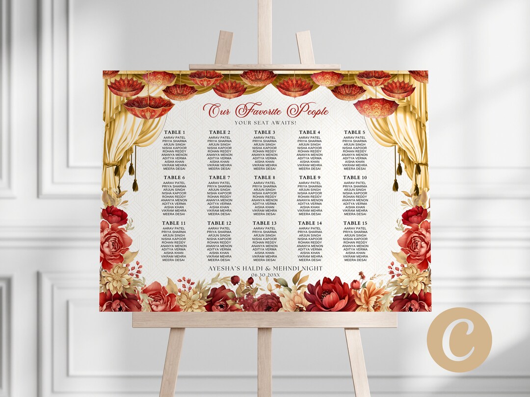 Mehndi Red Gold Editable Large Seating Chart Canva Template, Elegant ...