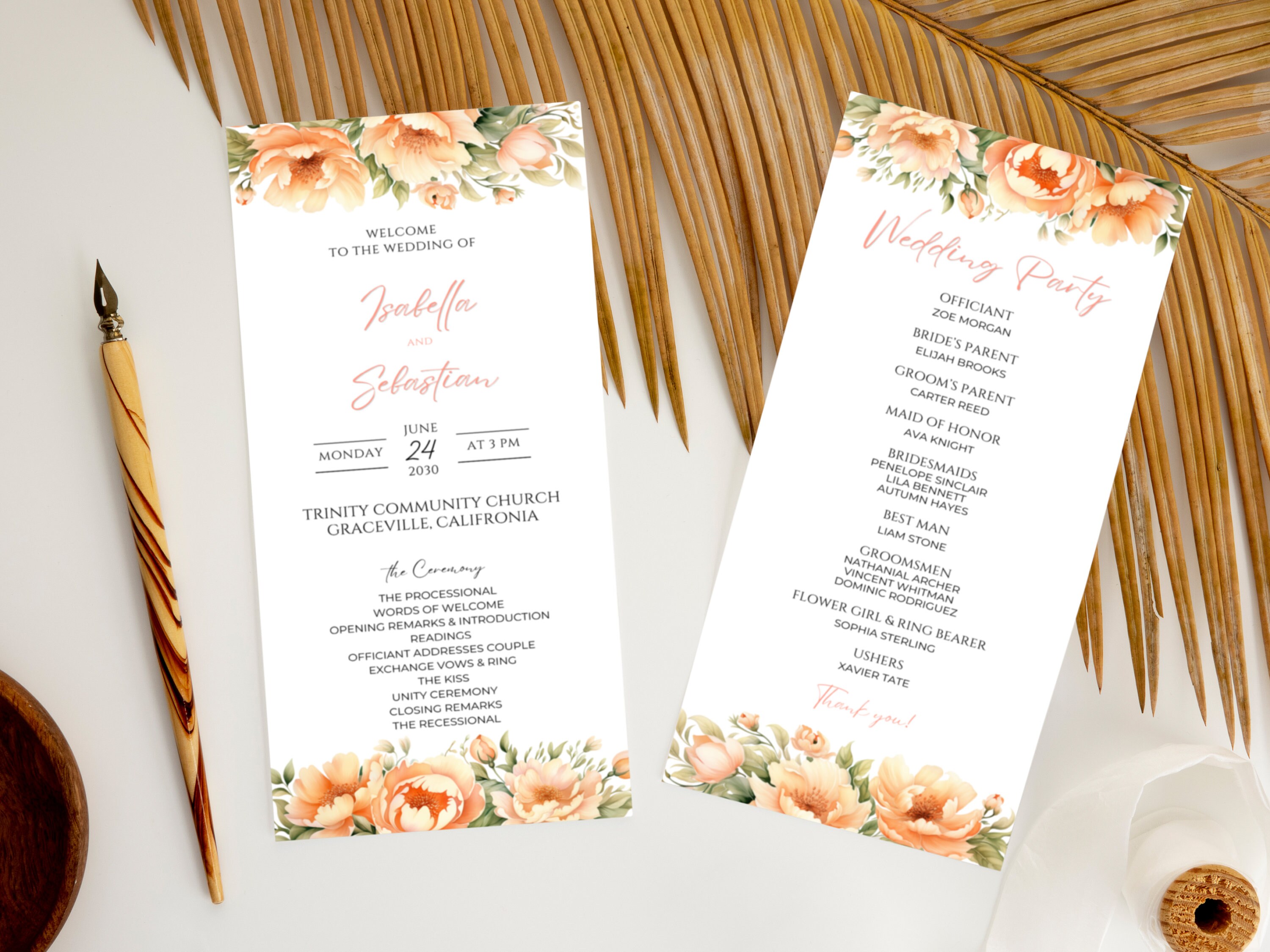 Peach Fuzz Wedding Program Template for Canva, Digital Wedding Program, Elegant Wedding Program ...