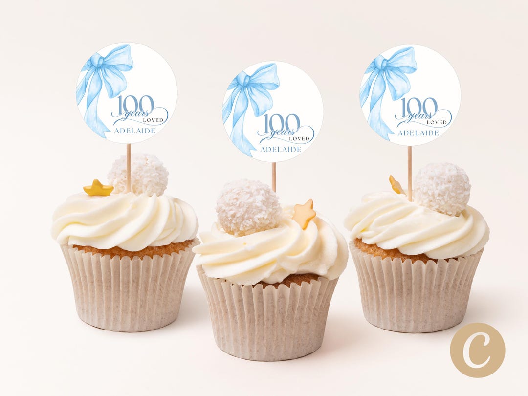 Blue Bow 100th Birthday Cupcake Cake Topper Template for Mother Grandma ...