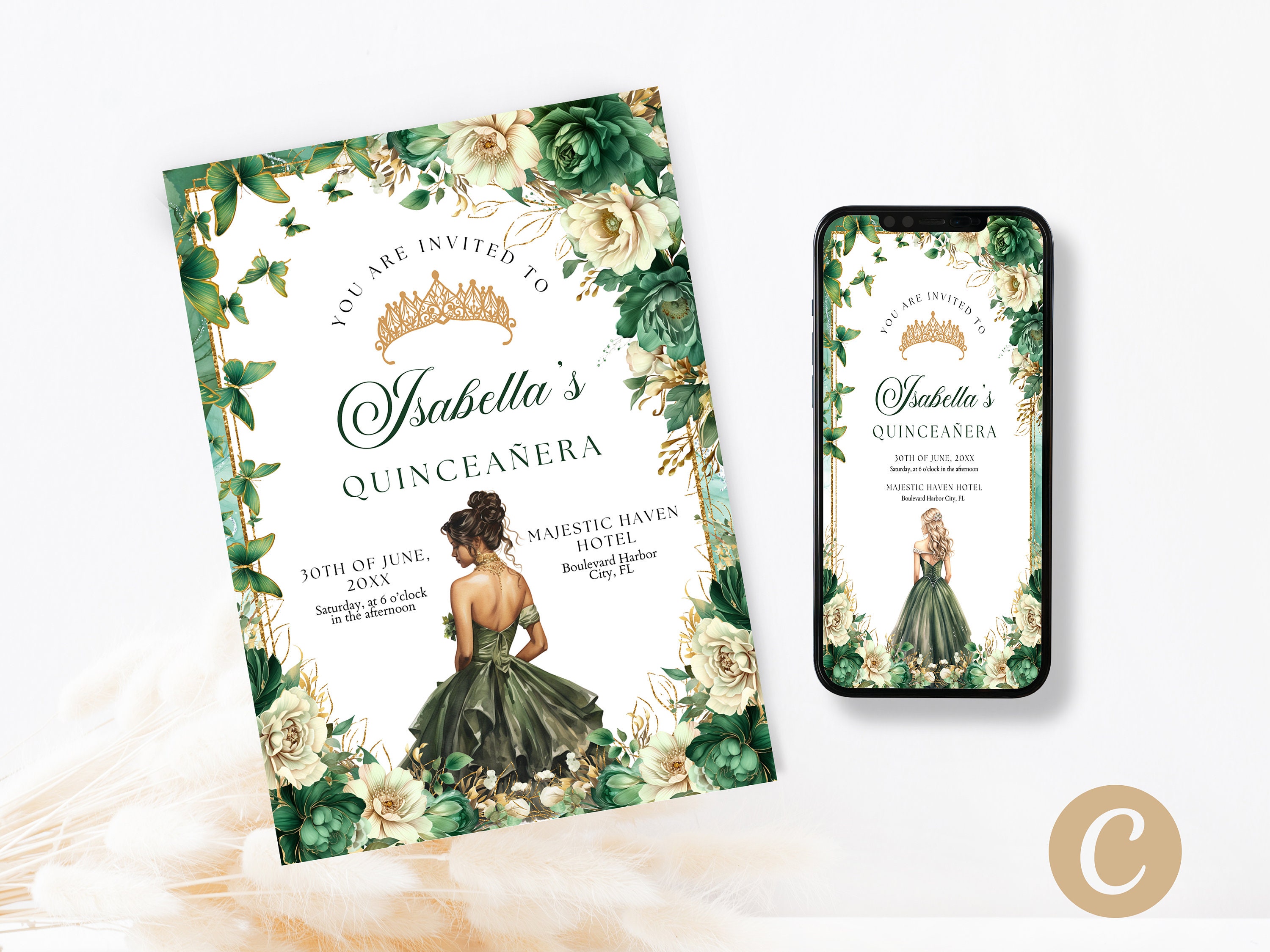 Emerald Green Gold Floral Butterfly Princess Quinceanera Invitations ...