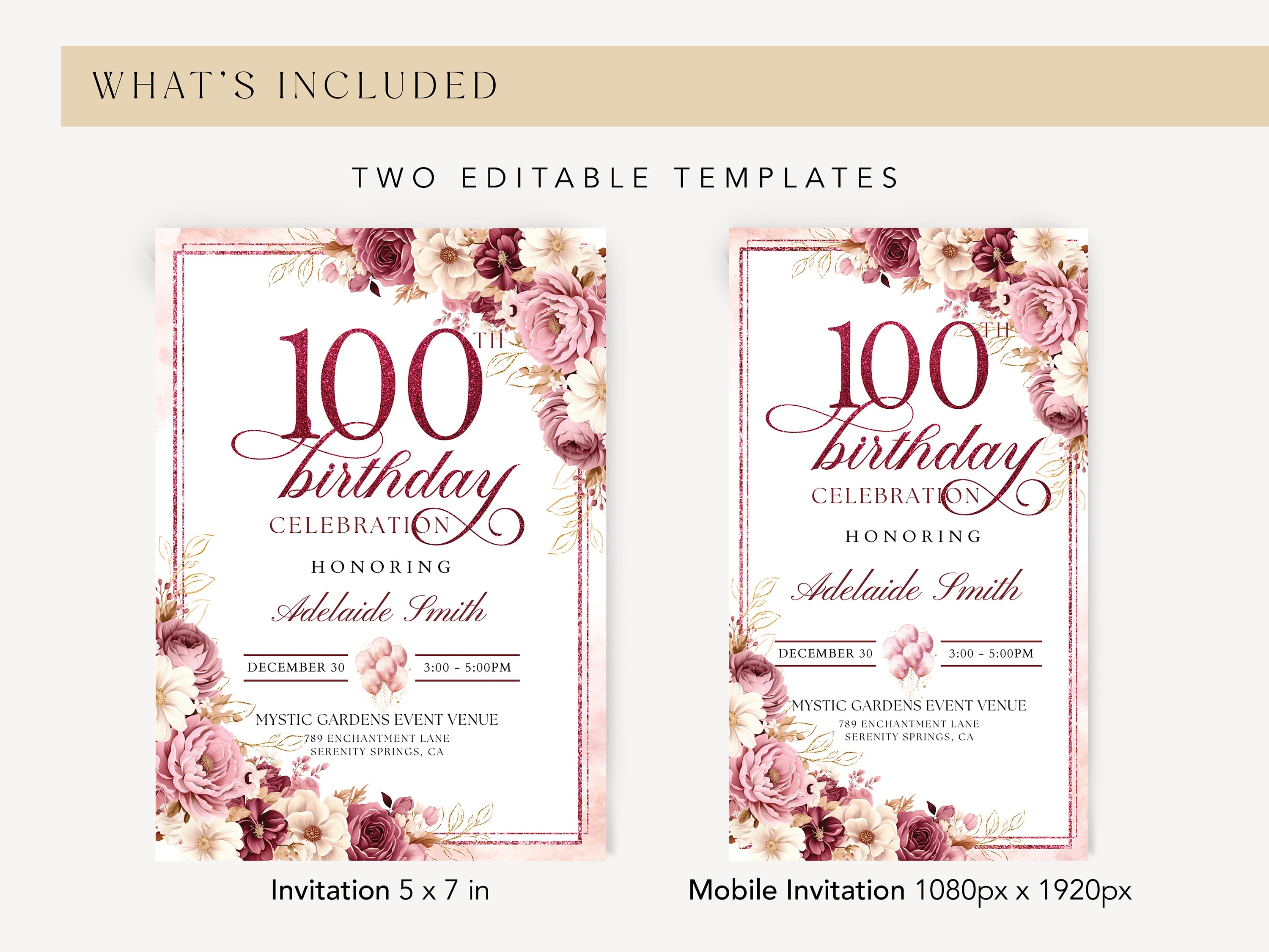 100th Birthday Invitation Canva Template for Mother Grandma, Pink ...