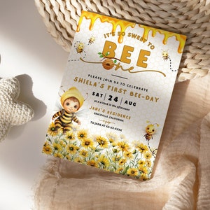 Editable First Bee Day Invitation Canva Template With Photo Card, Honey ...