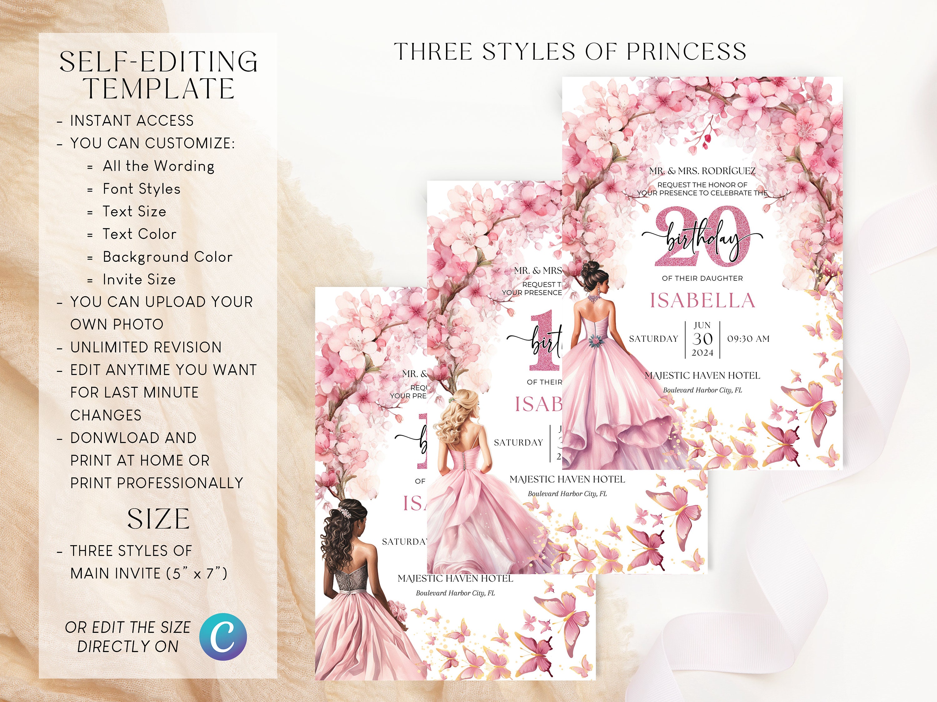 Cherry Blossom Floral Theme Invitation, Princess Butterfly Birthday ...