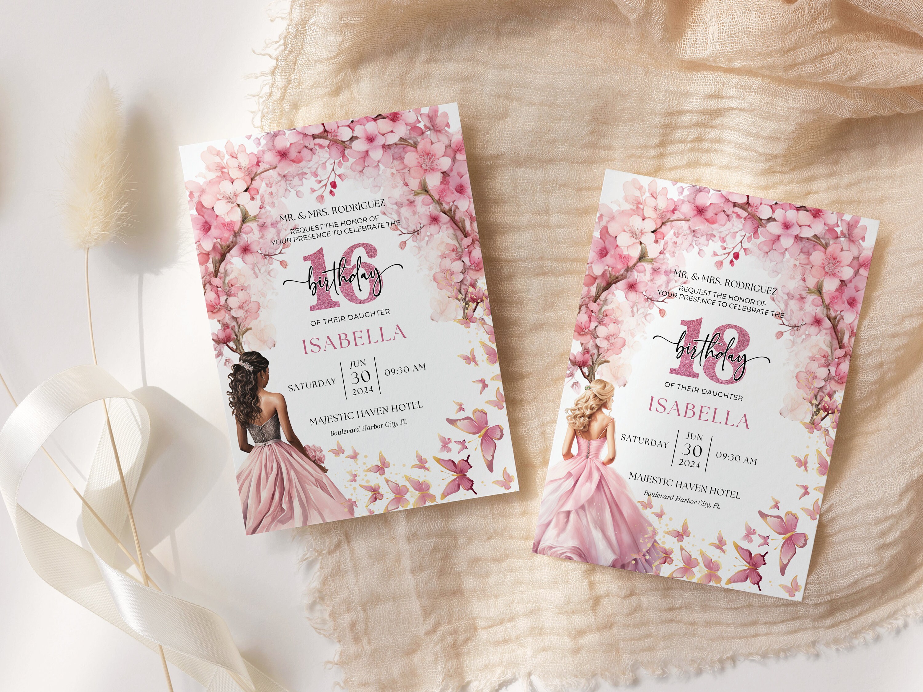 Cherry Blossom Floral Theme Invitation, Princess Butterfly Birthday ...
