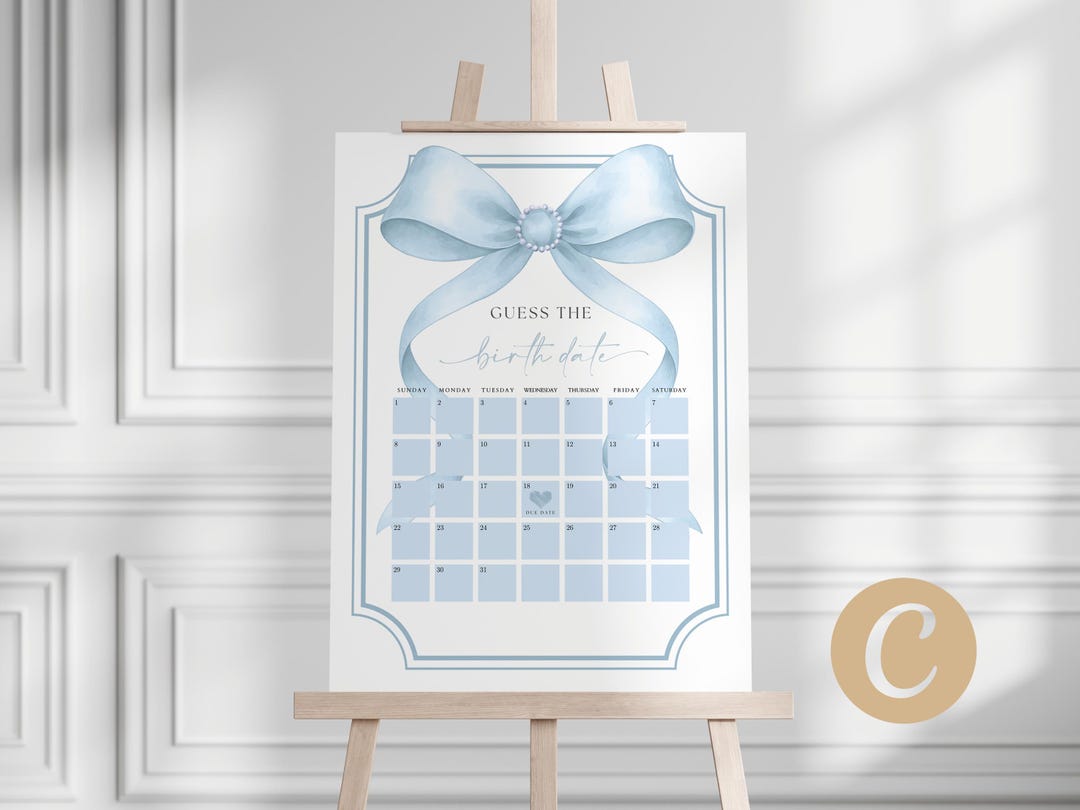 Blue Bow Baby Shower Due Date Calendar Game, Blue Ribbon Coquette Party ...