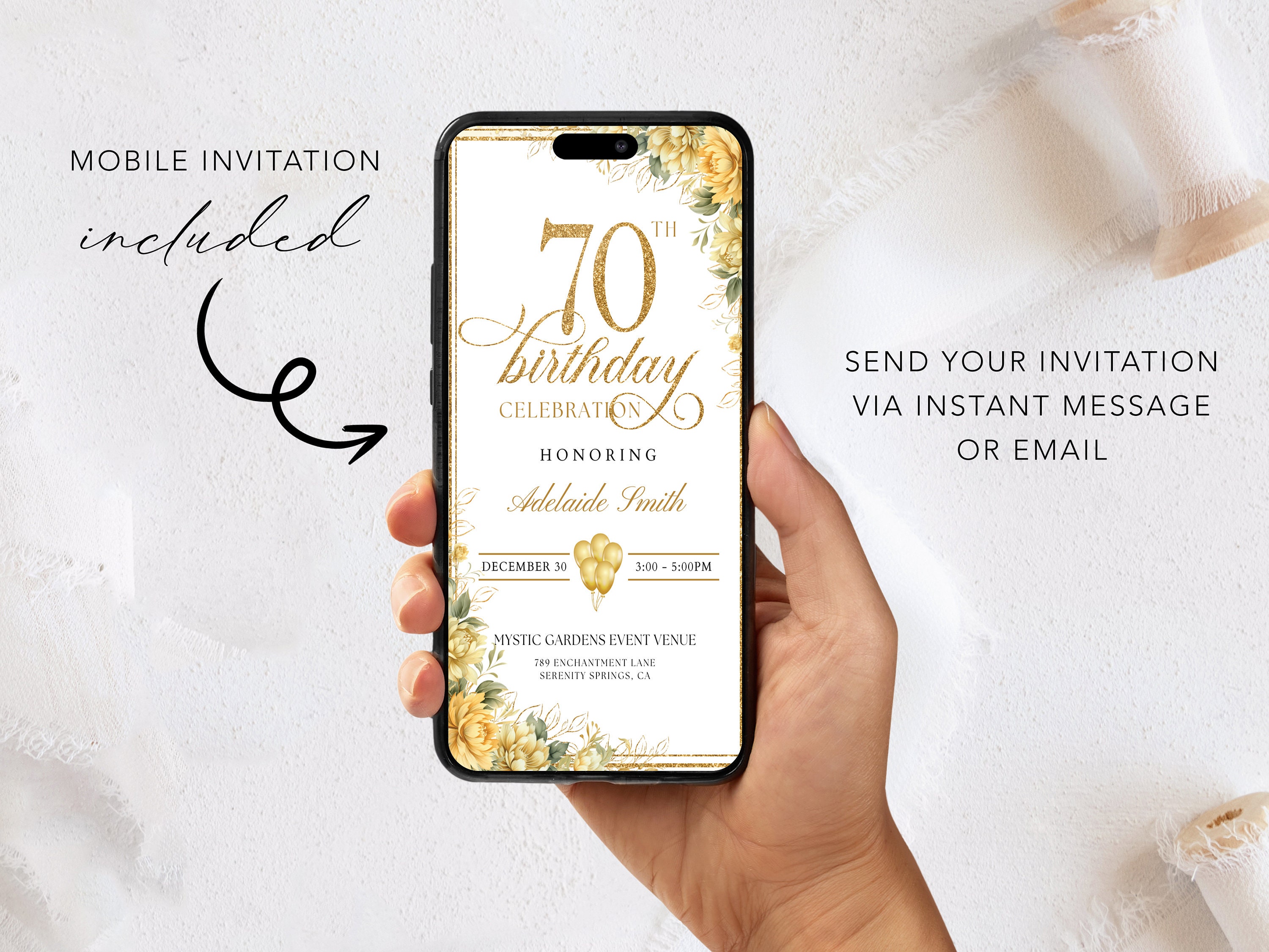 70th Birthday Party Invitation Canva Template for Mother Grandma, Gold ...