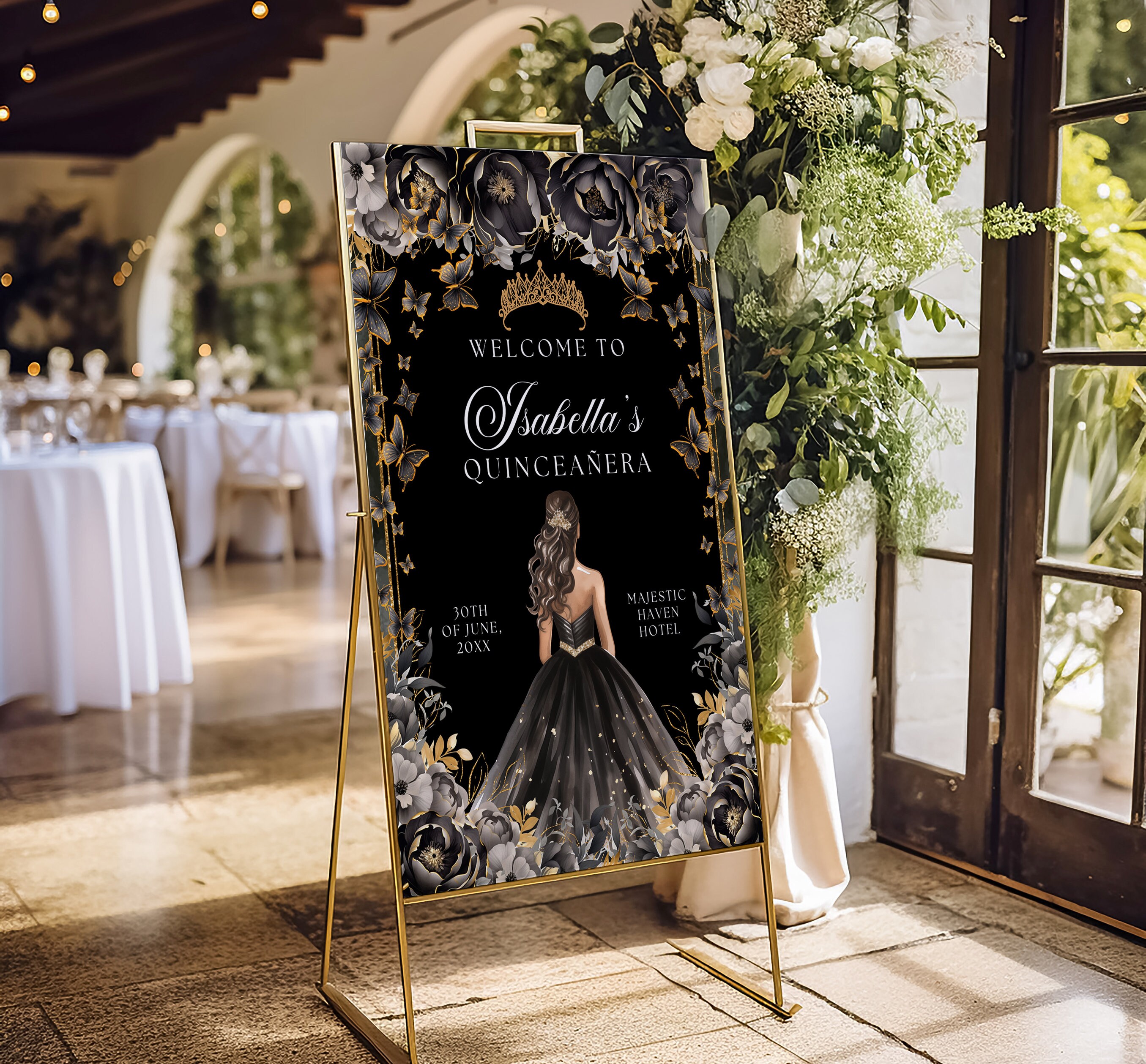 Editable Elegant Black Gold Floral Butterfly Princess Quinceanera ...