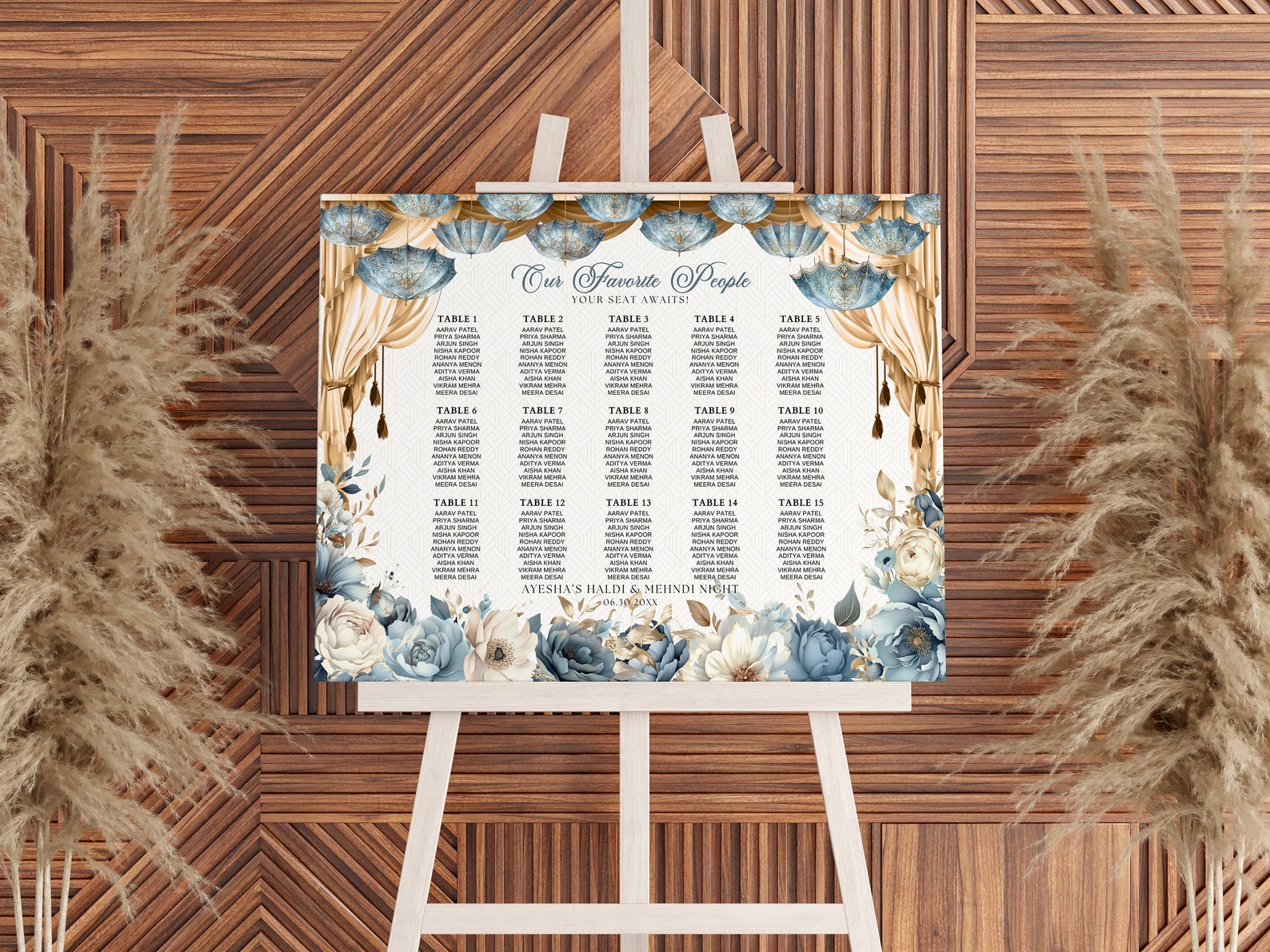 Mehndi Dusty Blue Gold Editable Large Seating Chart Canva Template ...