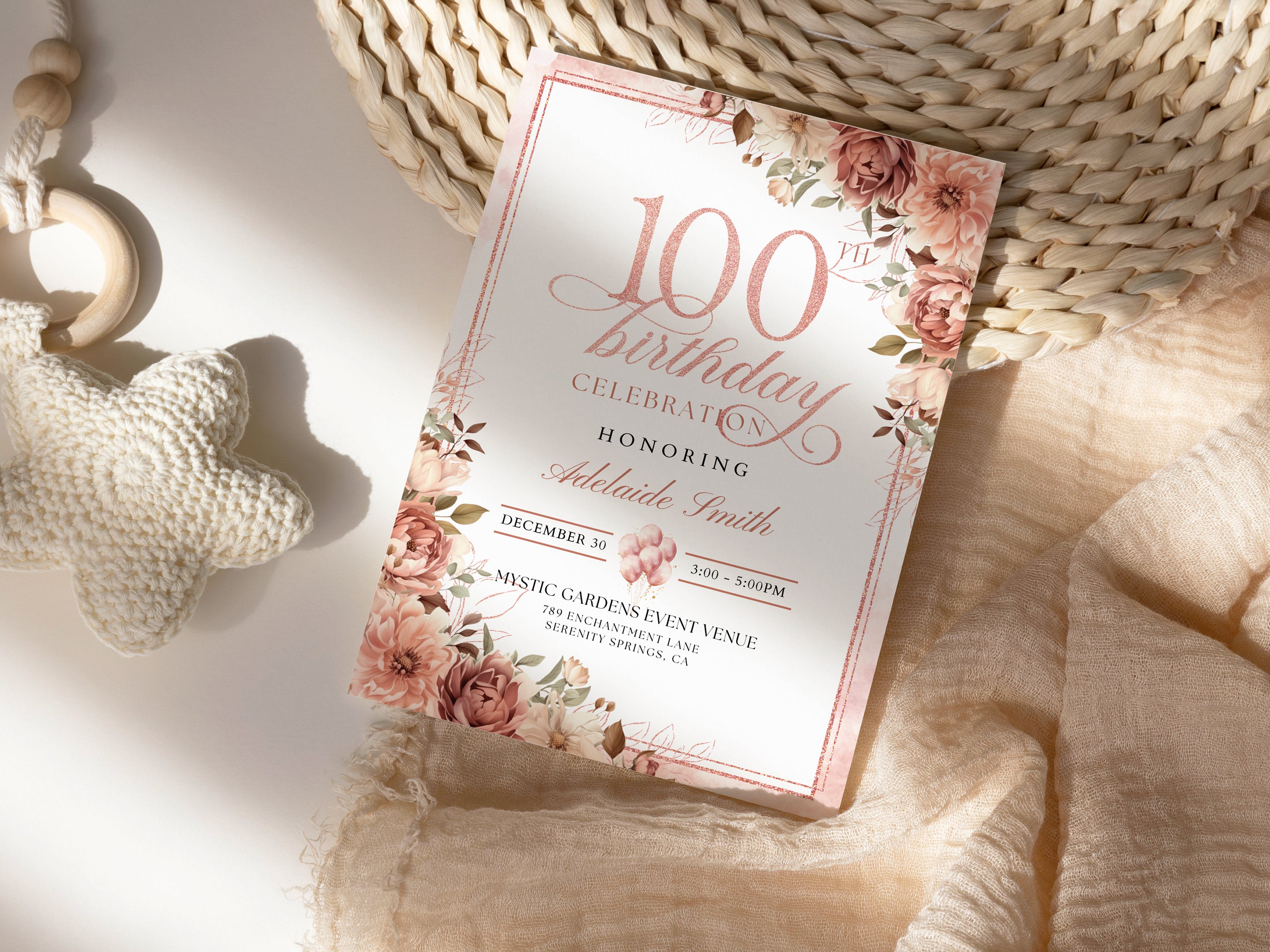 100th Rose Gold Floral Birthday Party Invitation Canva Template for ...
