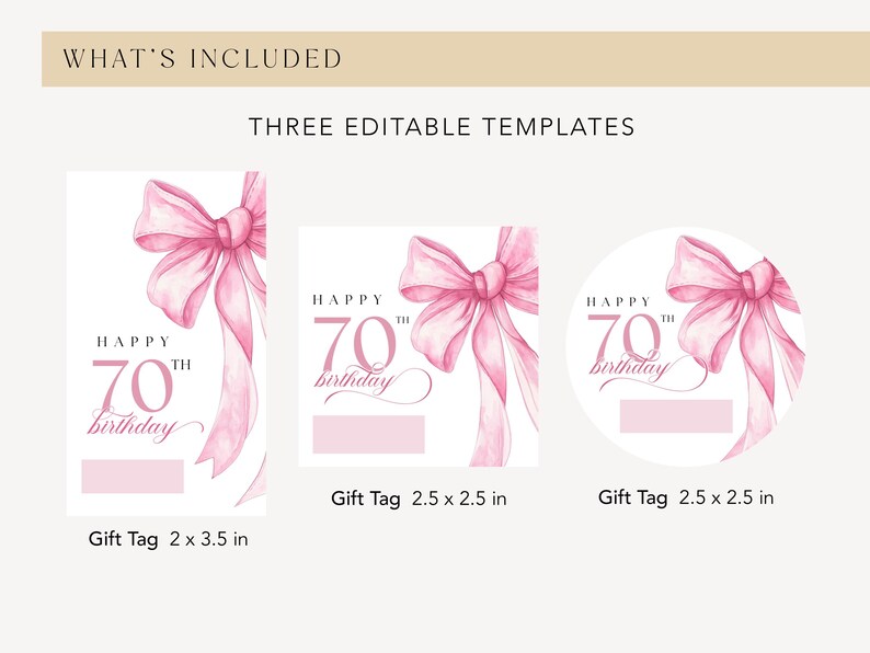 70th Birthday Pink Bow Gift Tag Template for Mother Grandma, Croquette ...