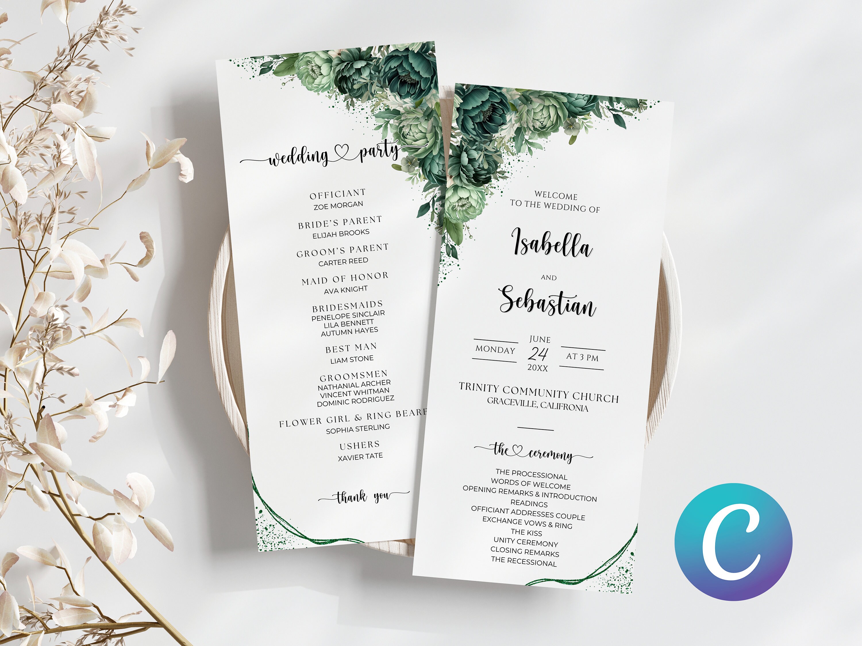 Editable Emerald Green Moss Green Wedding Program Canva Template ...