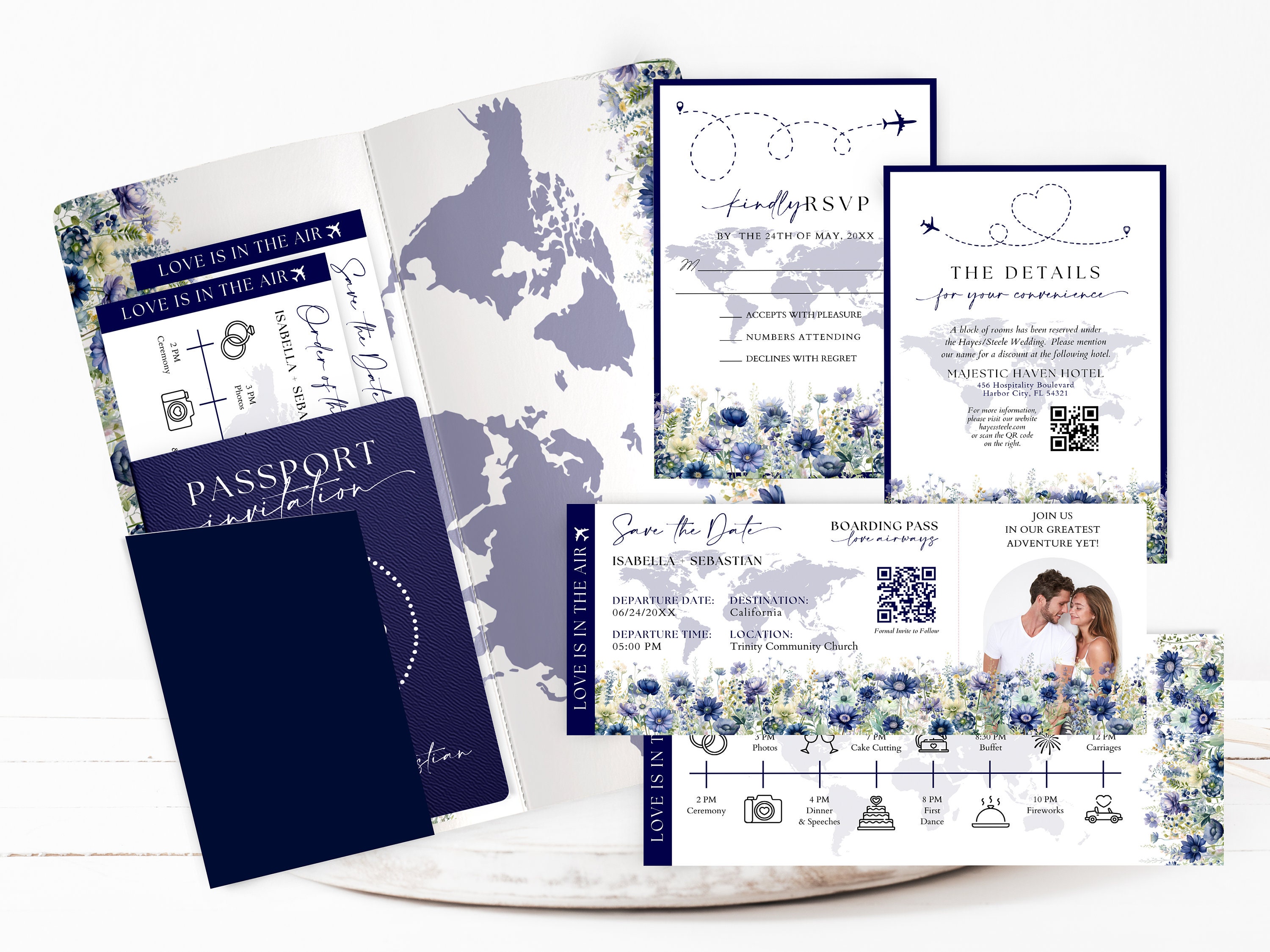 Navy Blue Passport Invitation Canva Template W/ Boarding Pass & Save ...