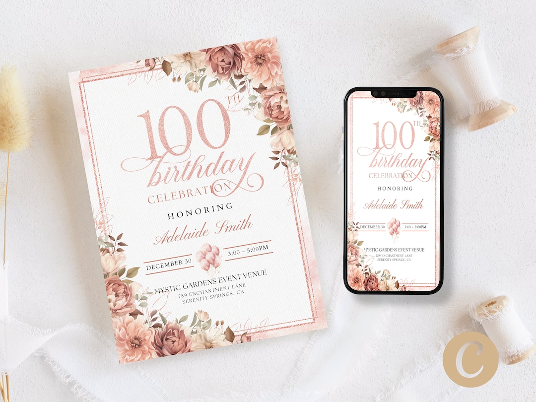 100th Rose Gold Floral Birthday Party Invitation Canva Template for ...