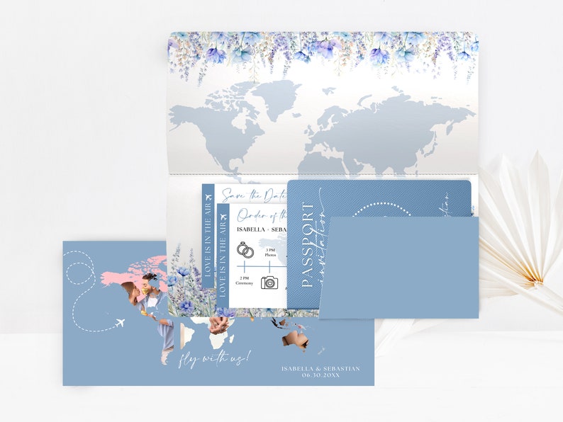 Dusty Blue Passport Invitation Canva Template With Boarding Pass & Save ...