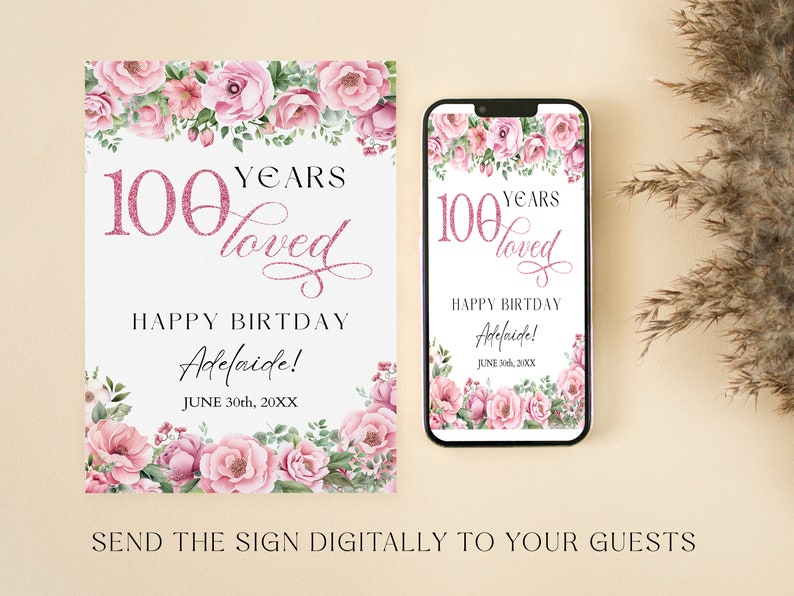 100th Birthday Welcome Sign Template for Mother Grandma Woman, Pink ...